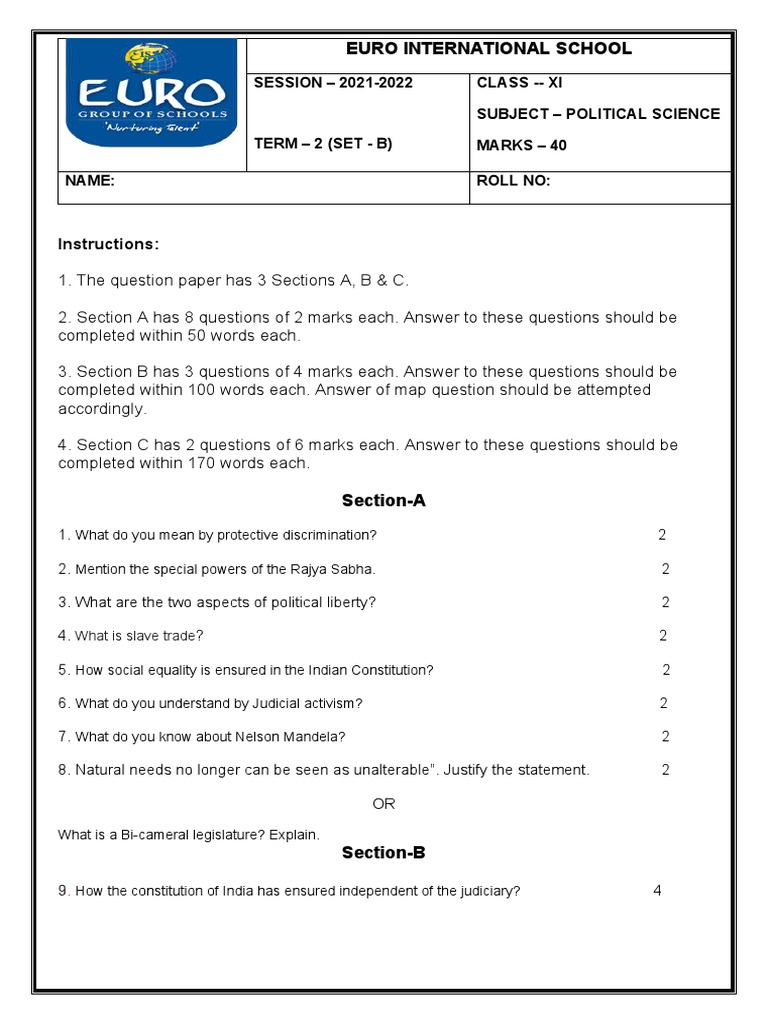Class 11 Final Paper Set B 2021 22 Pdf Political Science Public Law
