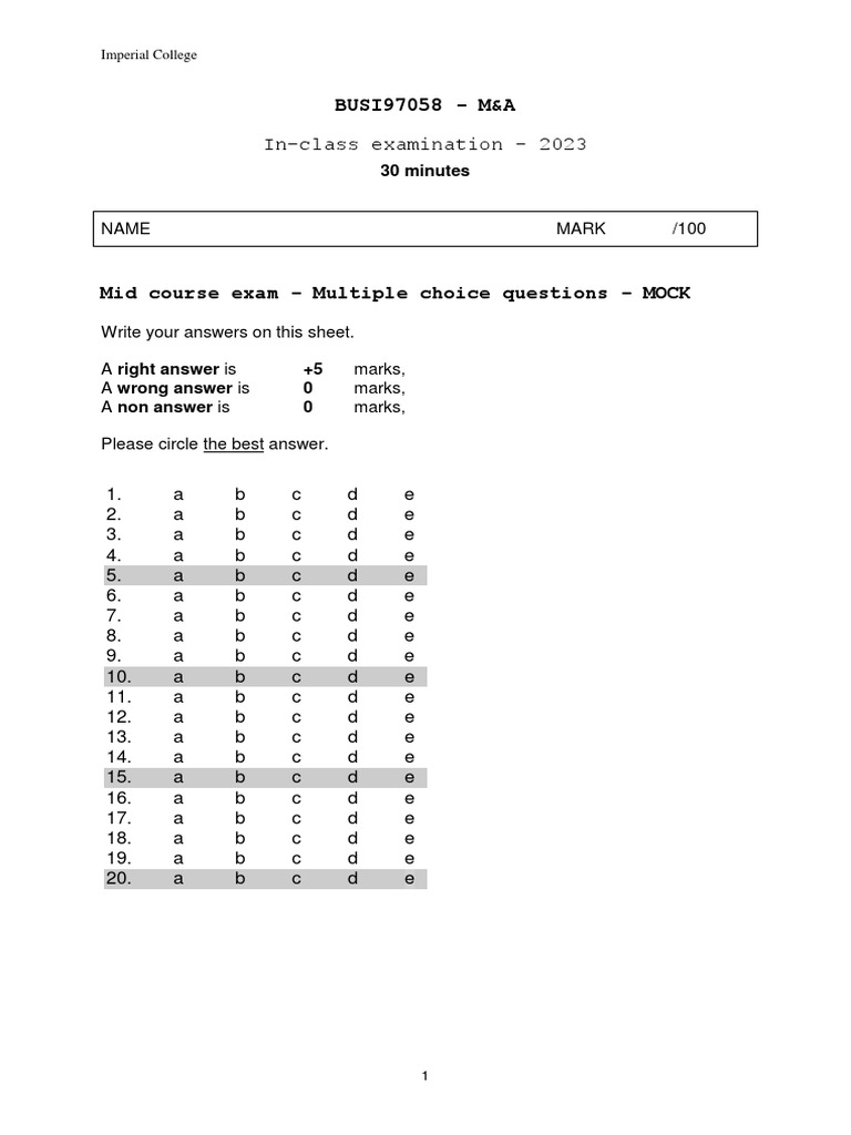 Busi97058 Icbs M&a MCQ Mock With Answers | PDF | Mergers And Acquisitions | Financial Services