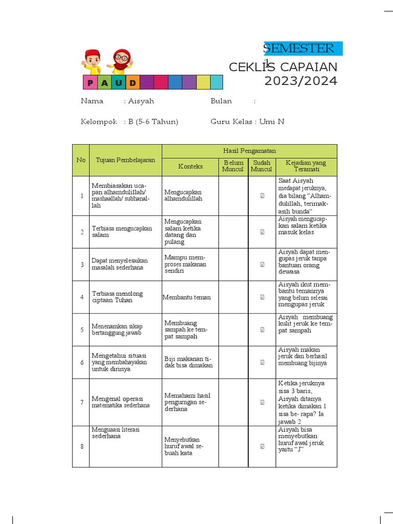 Ceklis Skala Capaian Paud | PDF