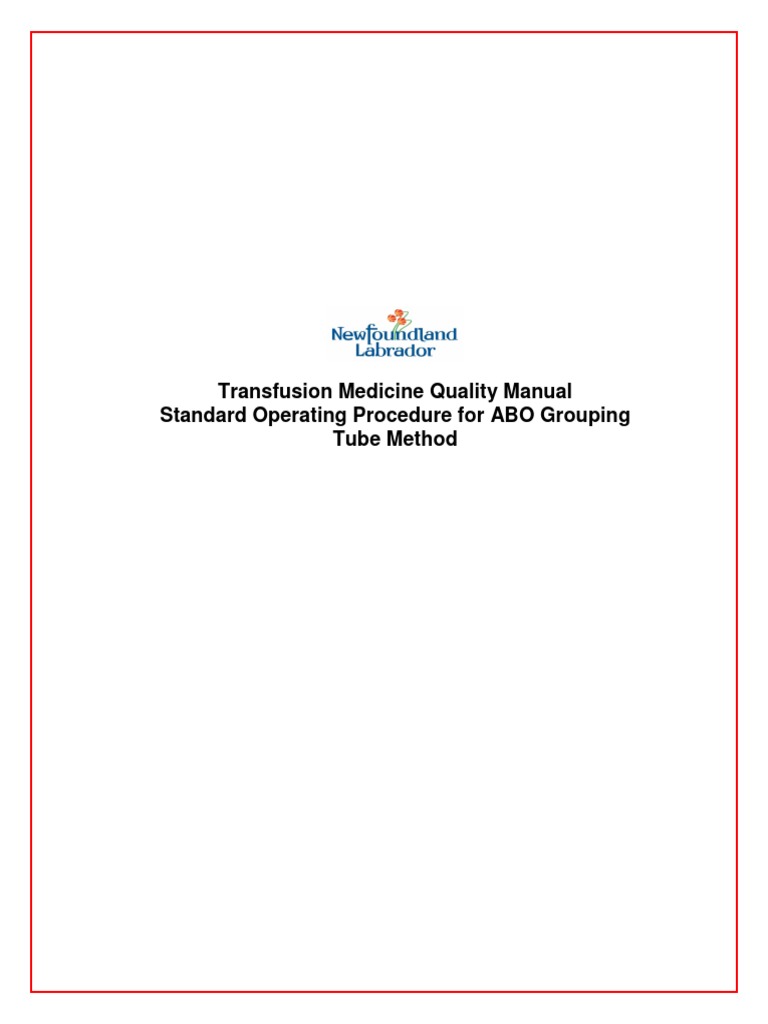 Transfusion Medicine Quality Manual Standard Operating Procedure For ...