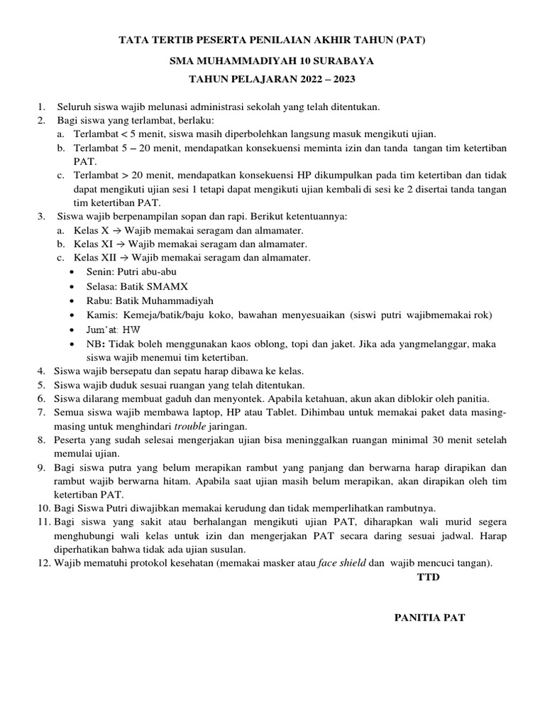 Tata Tertib Peserta Pat 2022-2023 | PDF
