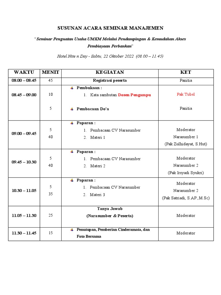 Rundown Seminar Manajemen | PDF