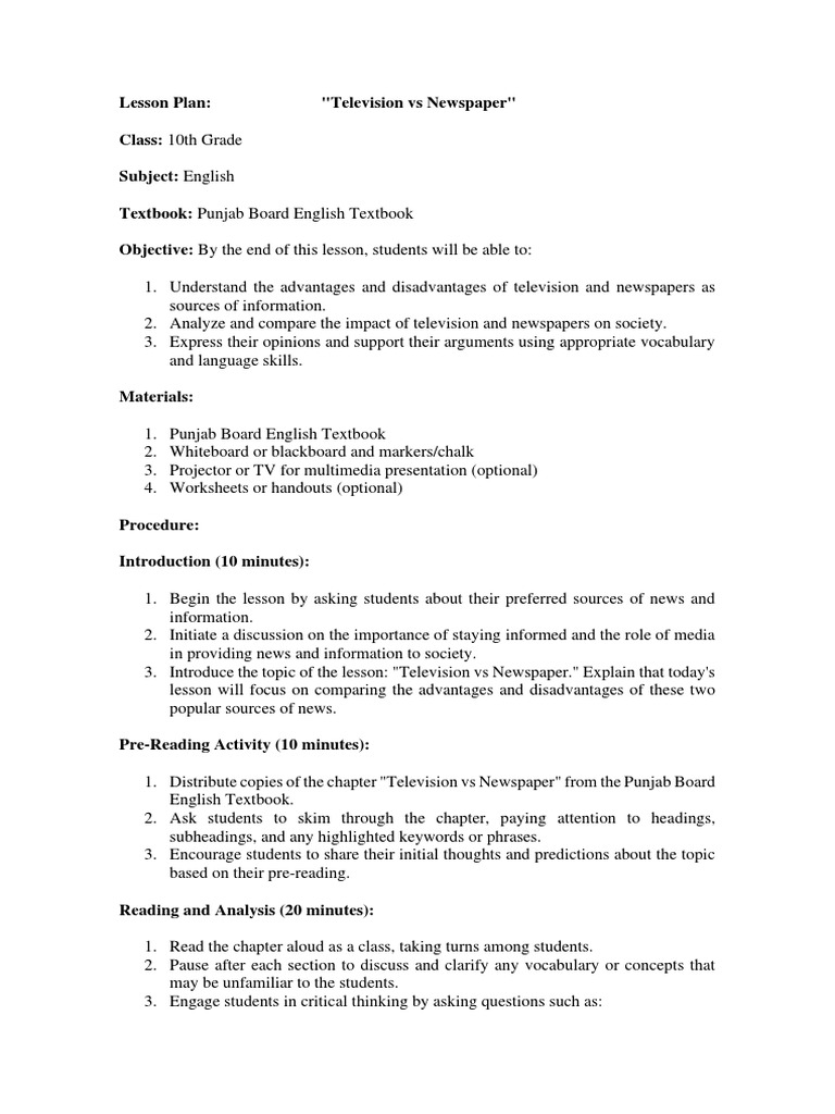 Lesson Plan (Television Vs Newspapers) | PDF | Newspapers | Lesson Plan
