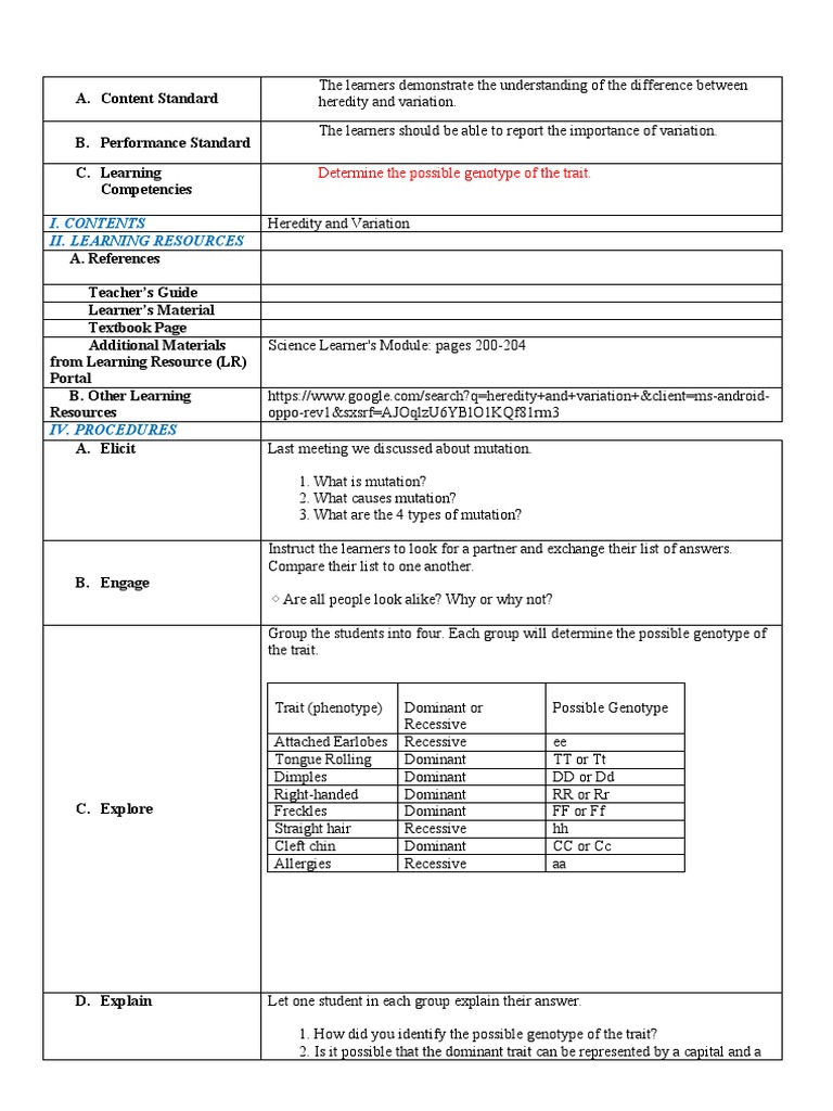 Lesson Plan Heredity and Variation Demo1 | PDF | Dominance (Genetics) | Genotype