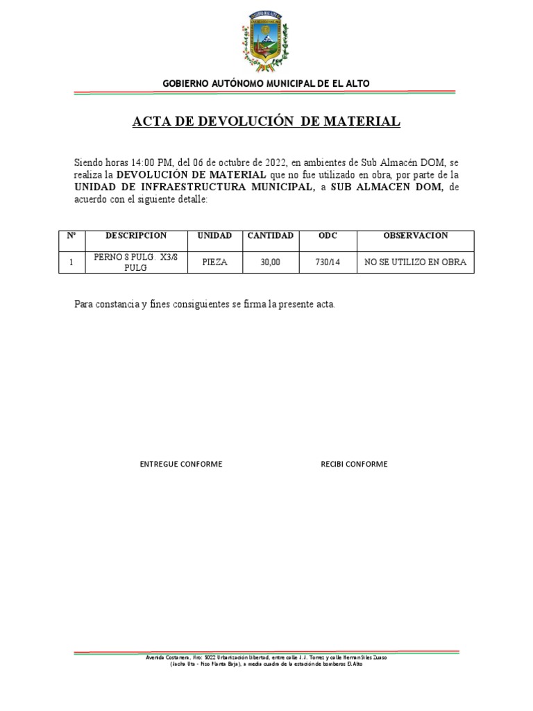 Acta de Devolución de Material | PDF