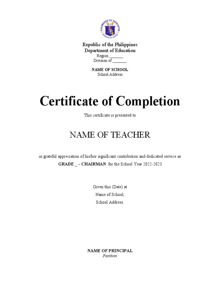 Certificate of Completion for Grade Chairman | PDF