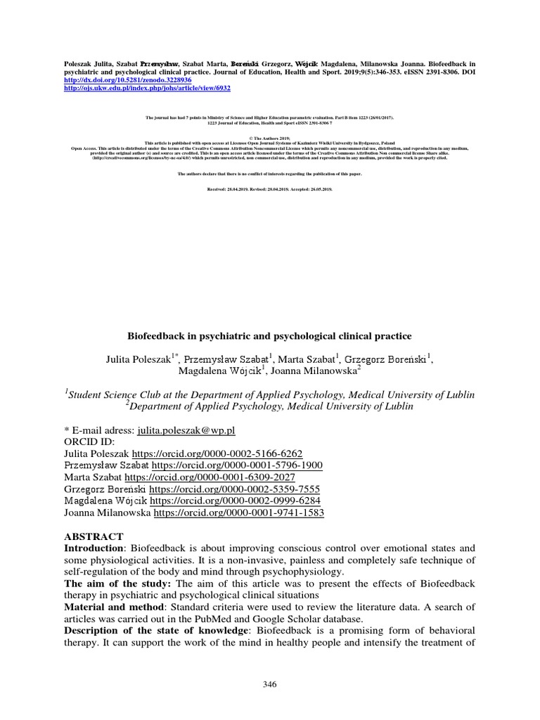 Biofeedback in Psychiatric and Psychological Clinical Practice ...