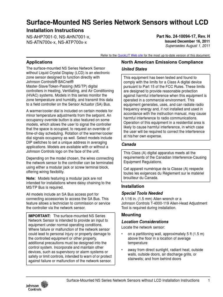 Surface-Mounted NS Series Network Sensors Without LCD: Installation Instructions | PDF ...