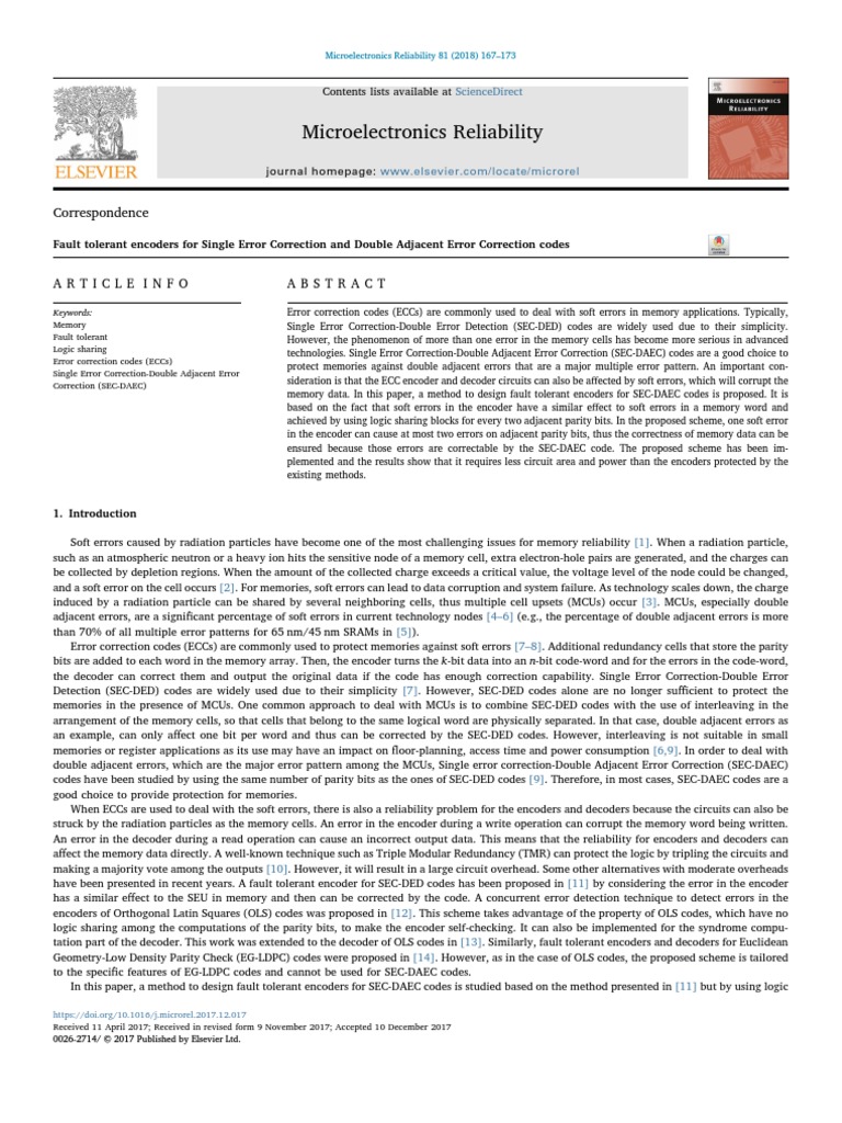 Sec Daec Fault Tolerant Encoders For Single Error Correction And Double Adjacent Error
