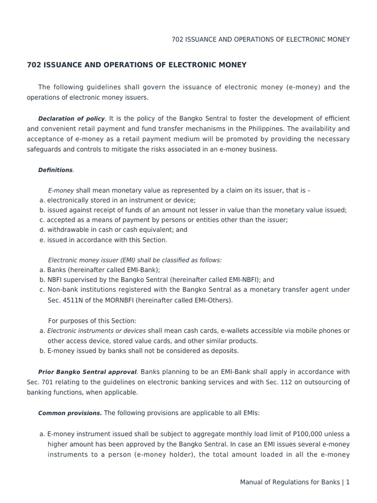 702 Issuance and Operations of Electronic Money | PDF | Money | Banks