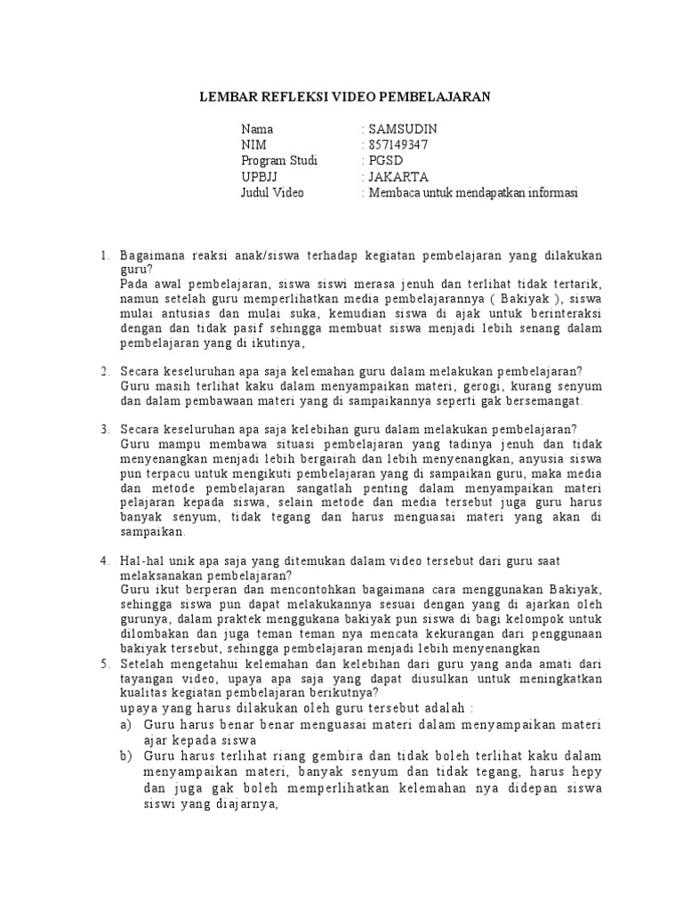SAMSUDIN Format Refleksi Video Pembelajaran | PDF