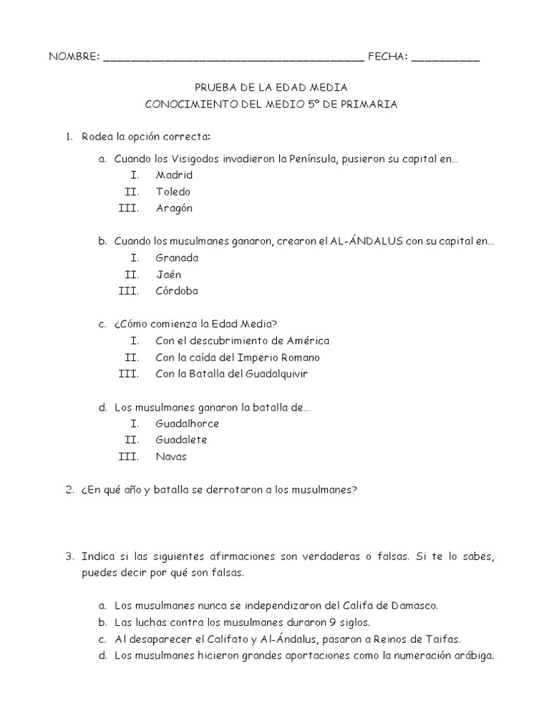 Prueba sobre la Edad Media para 5º Primaria | PDF