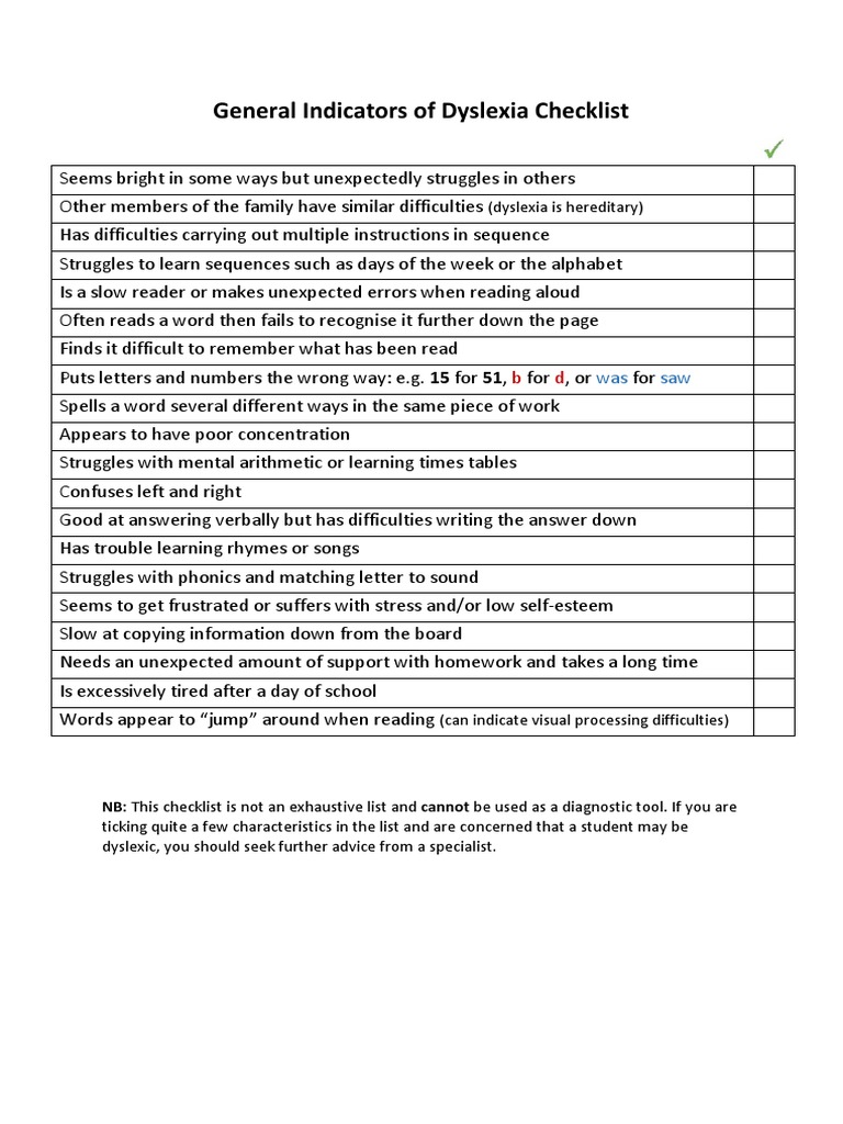 Dyslexia Checklist | PDF