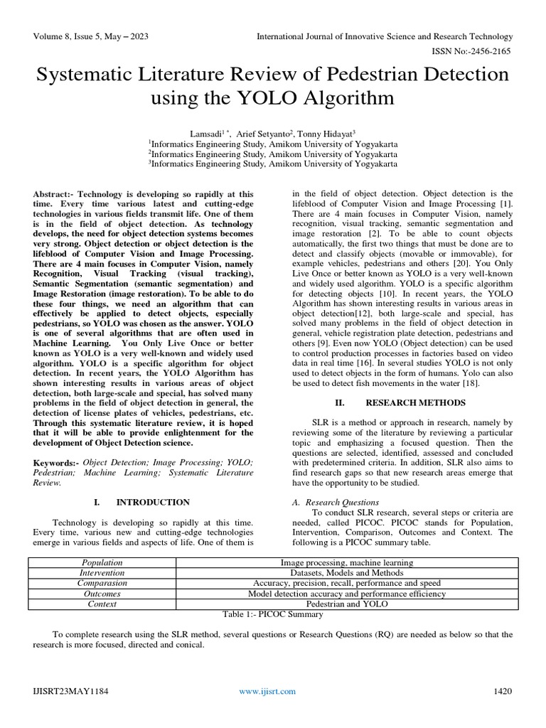 Systematic Literature Review Of Pedestrian Detection Using The Yolo Algorithm Pdf