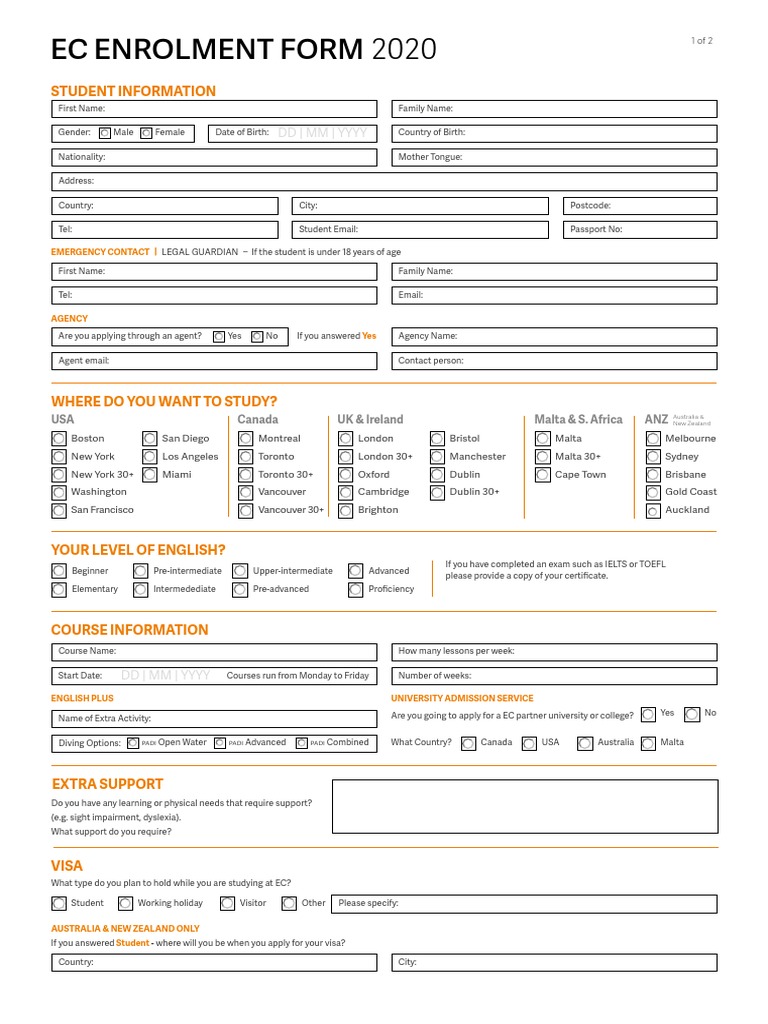 EC English Enrolment Form 2020 | PDF | Travel Visa | Privacy