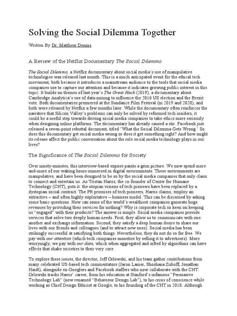 REVIEW - Solving The Social Dilemma Together | PDF | Social Media ...