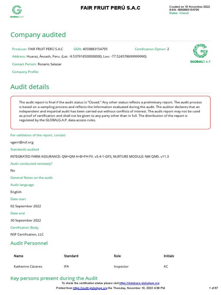 Audit Report GGIFA+TN QMS-Fair Fruit Peru | PDF | Audit | Certification