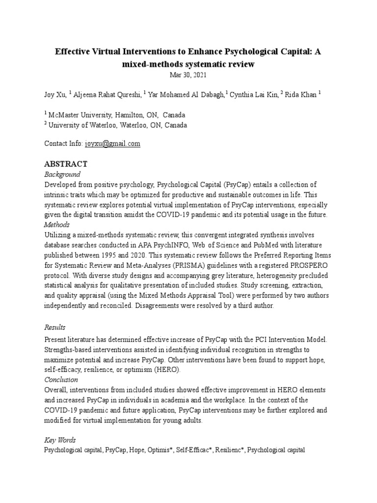 Effective Virtual Interventions To Enhance Psychological Capital Amixed ...