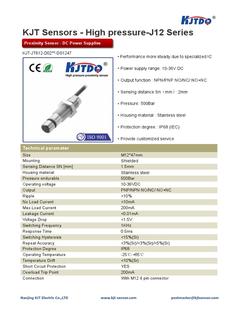 KJT Sensors - High Pressure-J12 Series: Proximity Sensor - DC Power Supplies | Download Free PDF ...