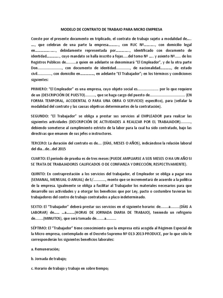Modelo de Contrato de Trabajo para Micro Empresa | PDF