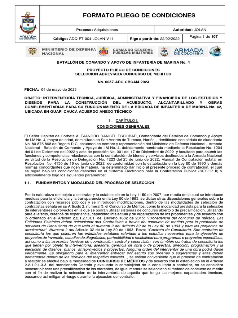 Proyecto Pliego de Condiciones Interventoria | PDF