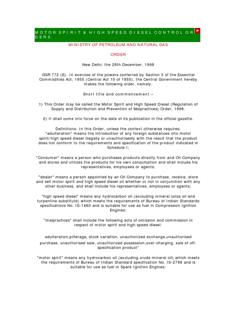 MS-HSD Control Order | PDF | Gasoline | Diesel Fuel