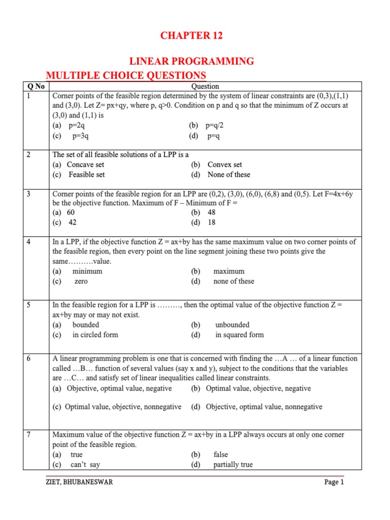 Linear Programming MCQs and Solutions | PDF