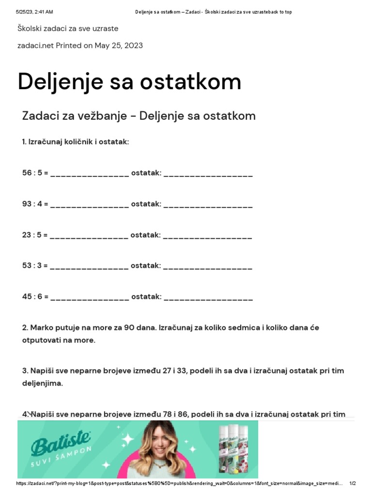 Deljenje Sa Ostatkom - Zadaci - Školski Zadaci Za Sve Uzrasteback To ...