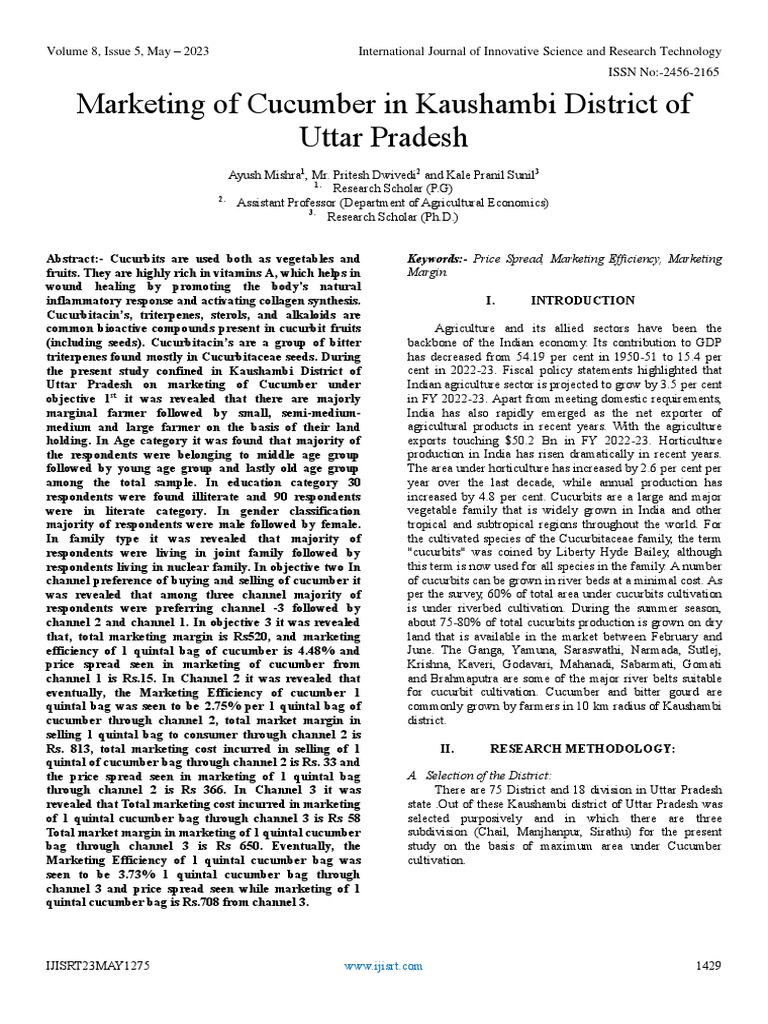 Marketing of Cucumber in Kaushambi District of Uttar Pradesh | PDF