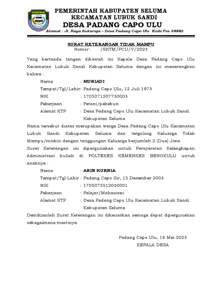 Suket Tidak Mampu | PDF