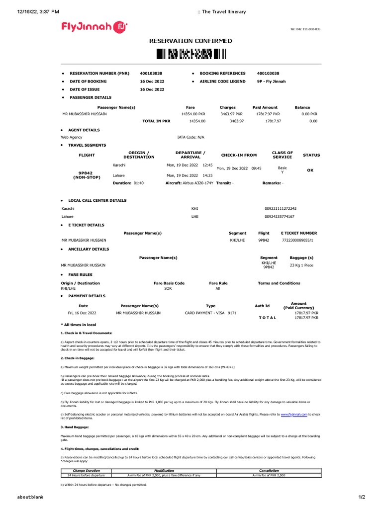 Karachi To Lahore 19th Dec - Mubashir | PDF | Transport