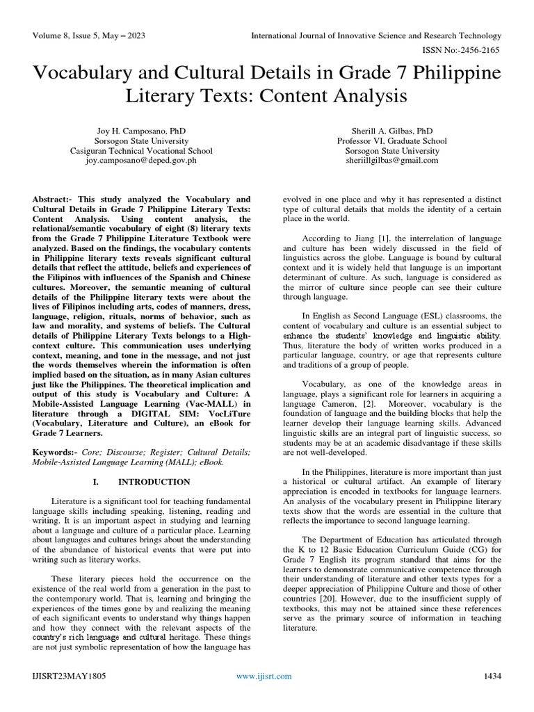 Vocabulary and Cultural Details in Grade 7 Philippine Literary Texts Content Analysis | PDF ...