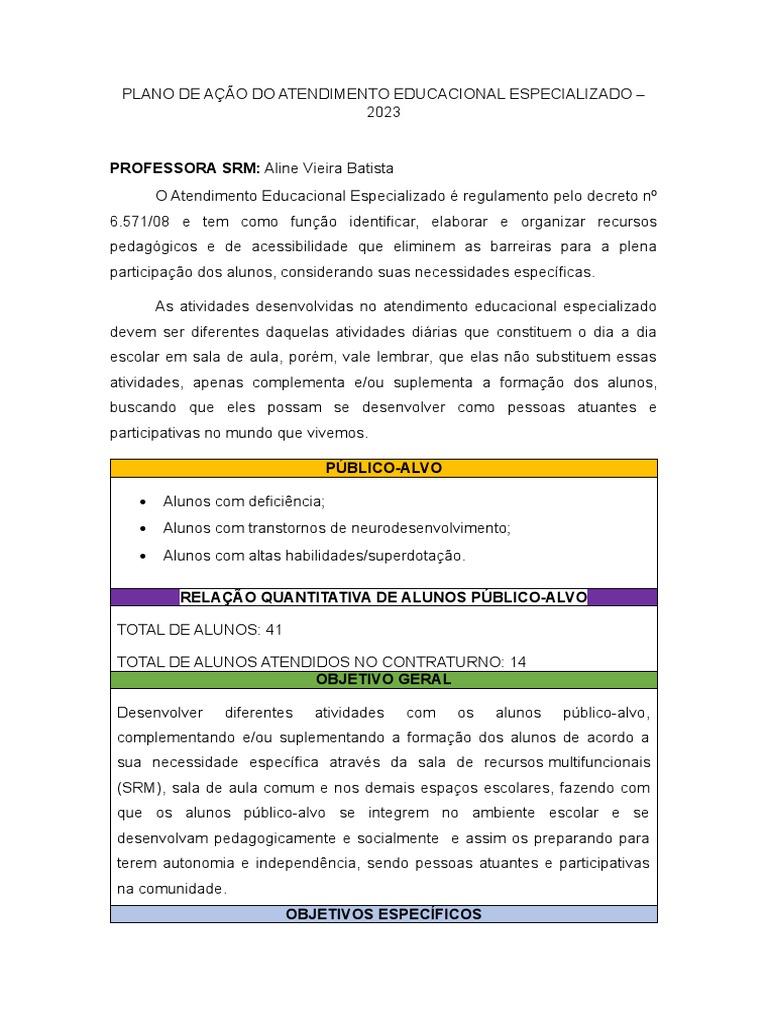 PLANO DE AÇÃO DO ATENDIMENTO EDUCACIONAL ESPECIALIZADO | PDF | Educação ...