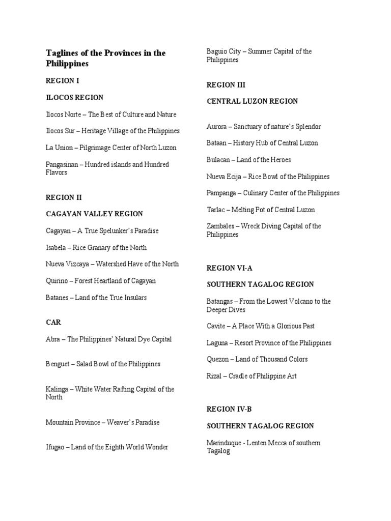 Taglines of The Provinces in The Philippines | PDF | Mindanao | Luzon