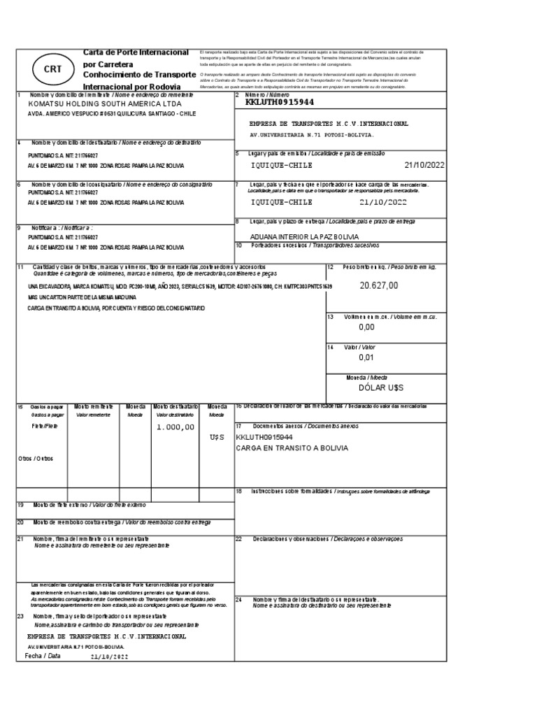 Carta de Porte Internacional Por Carretera Conhocimiento de Transporte Internacional Por Rodovia ...