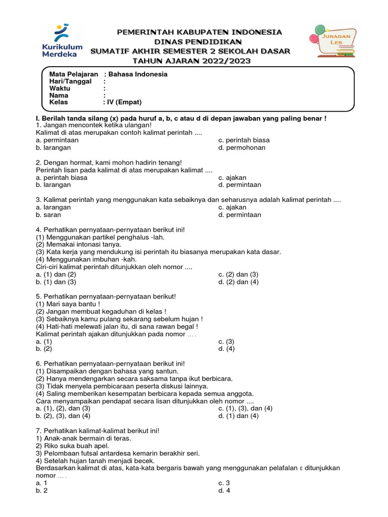 Soal PAT Bahasa Indonesia Kelas 4 Semester 2 Kurikulum Merdeka T.A 2022-2023 | PDF