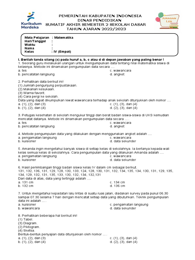 Soal PAT Matematika Kelas 4 Semester 2 Kurikulum Merdeka T.A 2022-2023 | PDF