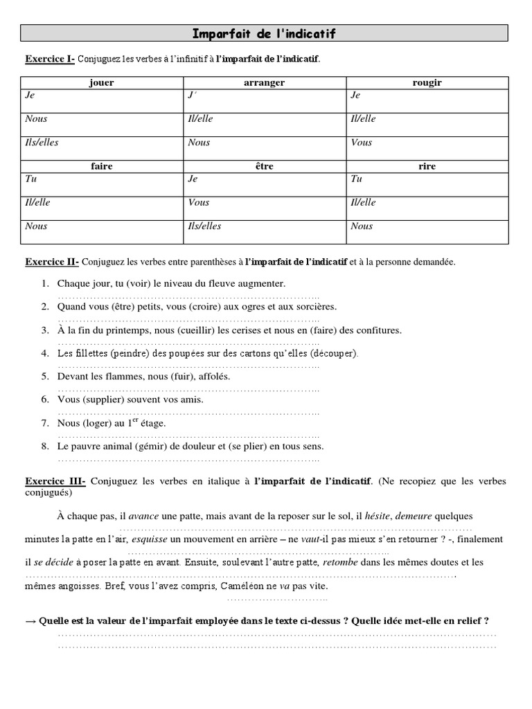 Exercices de conjugaison à l'imparfait | PDF