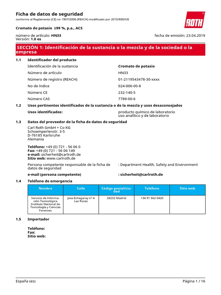 Ficha de Datos de Seguridad - Cromato de Potasio | PDF