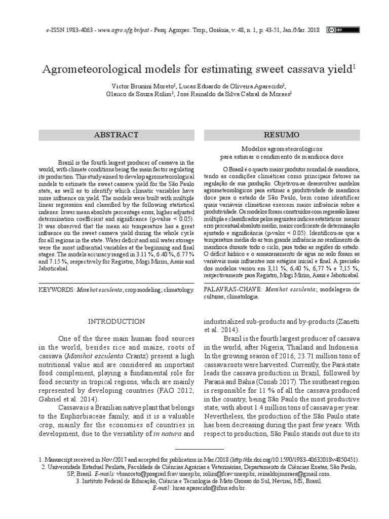 Agrometeorological Models For Estimating Sweet Cassava Yield Pdf