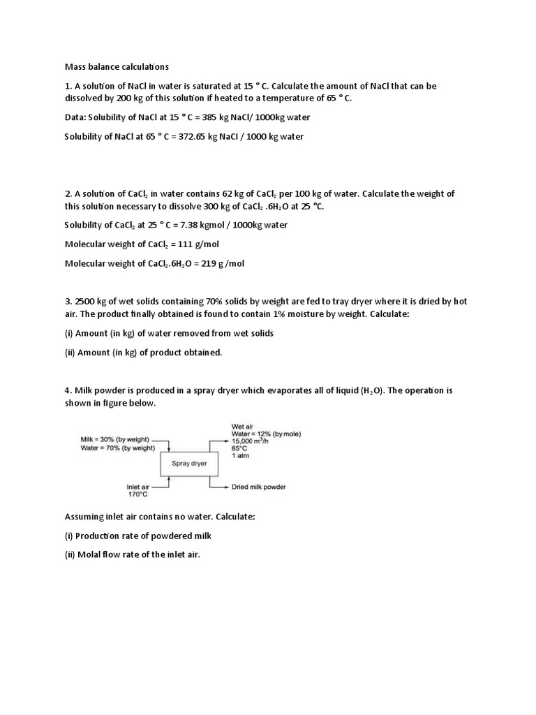 Mass Balance Calculation Examples | PDF | Solubility | Sodium Hydroxide
