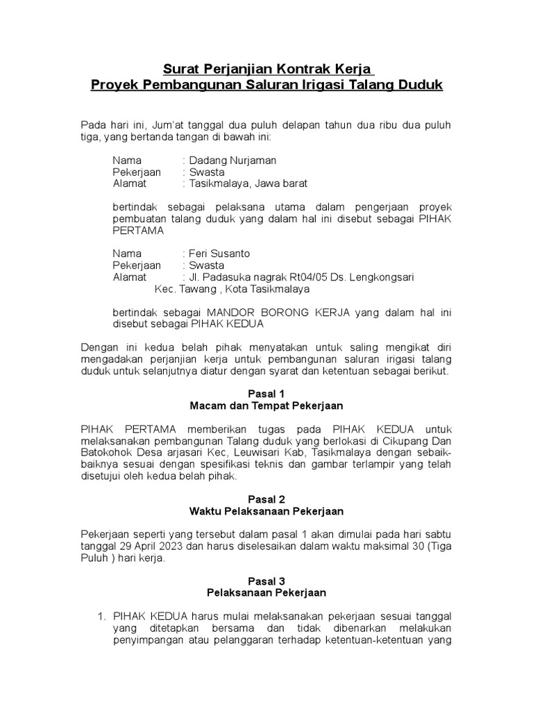 Surat Perjanjian Kontrak Kerja Proyek | PDF