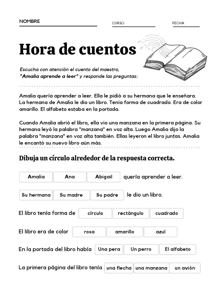 Actividad de Comprensión de Lectura de Cuentos en Blanco y Negro Hoja ...