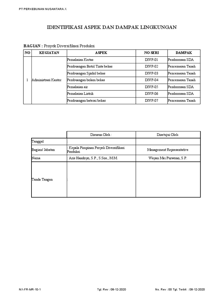 NX-FR-MR-10-1 Identifikasi Aspek Dan Dampak Lingkungan DIVP | PDF NX-FR-MR-10-1 Identifikasi Aspek Dan Dampak Lingkungan DIVP | PDF