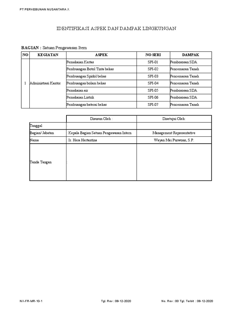 NX-FR-MR-10-1 Identifikasi Aspek Dan Dampak Lingkungan SPI | PDF NX-FR-MR-10-1 Identifikasi Aspek Dan Dampak Lingkungan SPI | PDF