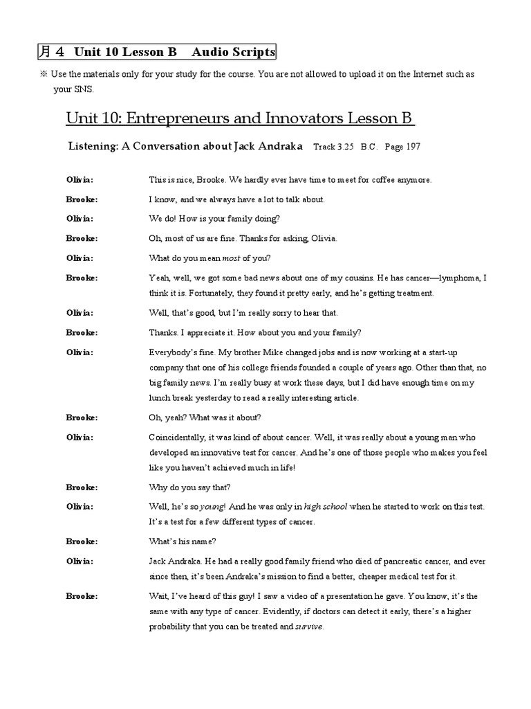 月4 Unit 10 Lesson B Audio Scripts | PDF | Cancer