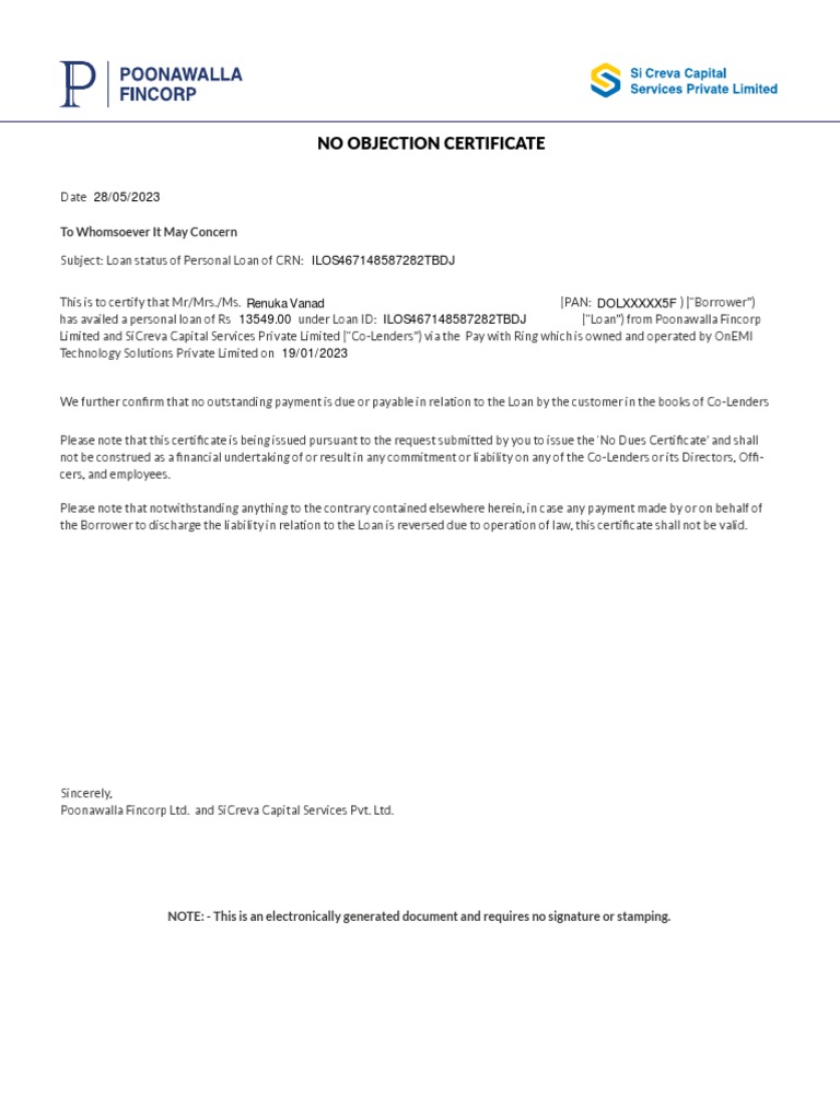 Poonawalla Fincorp NOC Certificate | PDF
