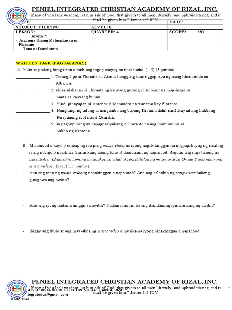 WSFILIPINO8.ARALIN7 - Ang Mga Unang Kalungkutan Ni Florante - Tono at ...