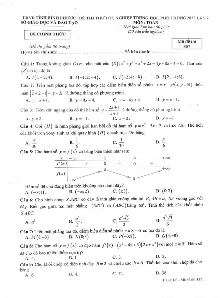 De Thi Thu Tot Nghiep THPT 2023 Mon Toan Lan 2 So GDDT Binh Phuoc | PDF