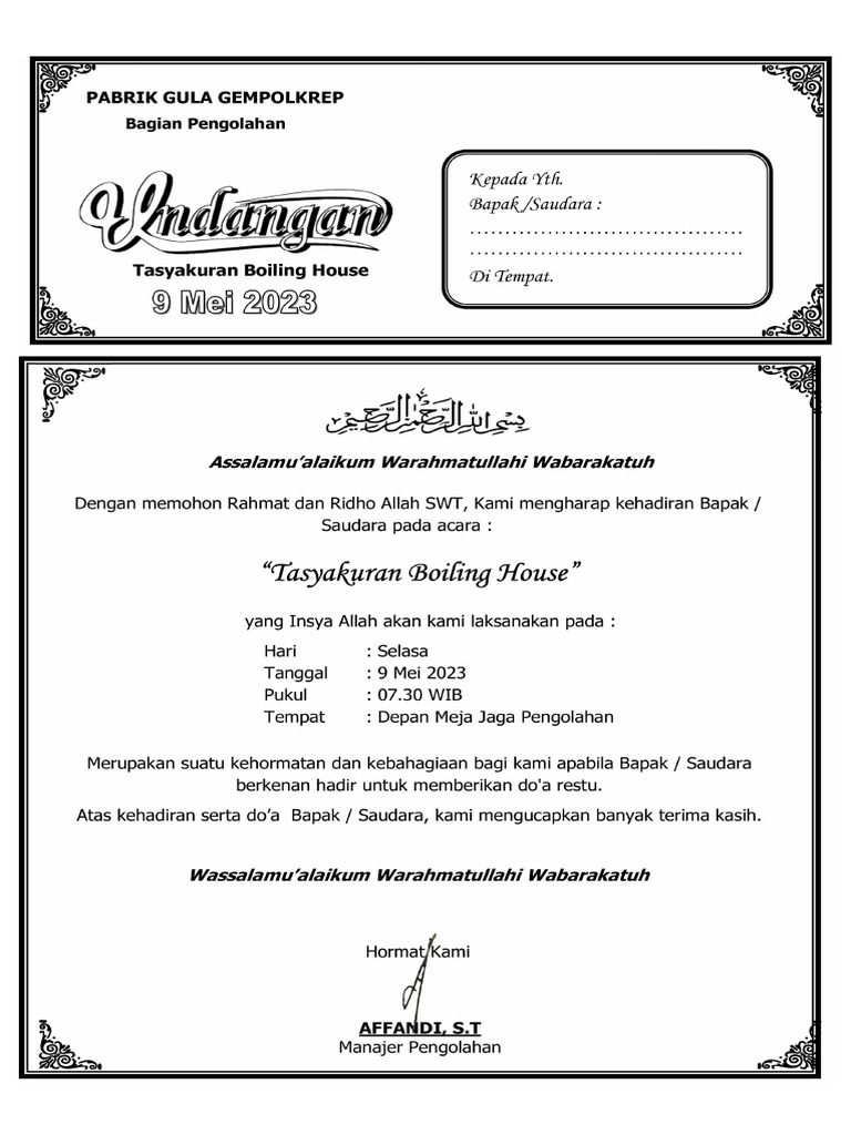 Undangan Tasyakuran Boiling House 2023 | PDF